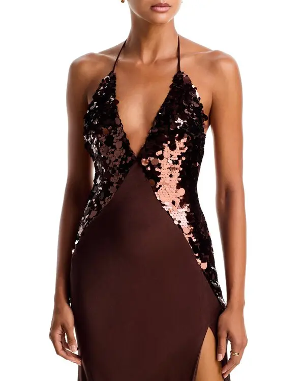 Bardot Yve Sequin Halter Dress - Chocolate