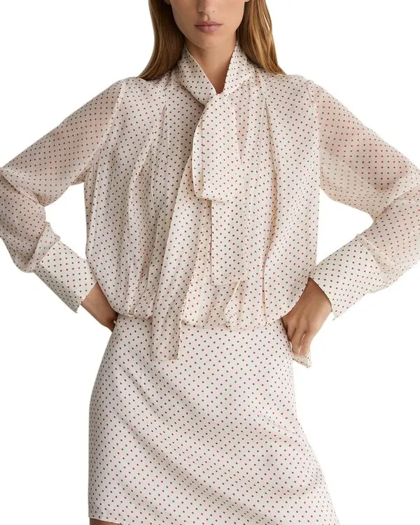 REISS Dottie Tie Neck Polka Dot Dress