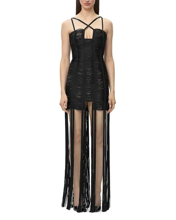 Herve Leger The Paige Strappy Fringe Trim Gown - Black