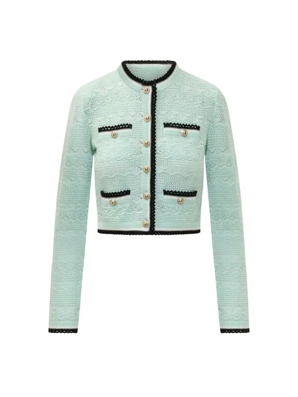 SELF-PORTRAIT Cropped Cardigan With Contrast Trim - Green