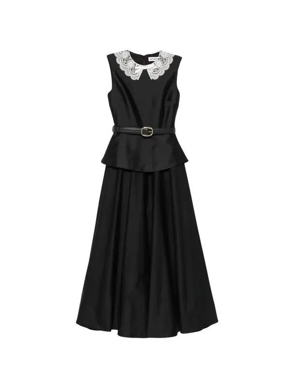 SELF-PORTRAIT Sleeveless Lace Collar Belted Maxi Dress - Black