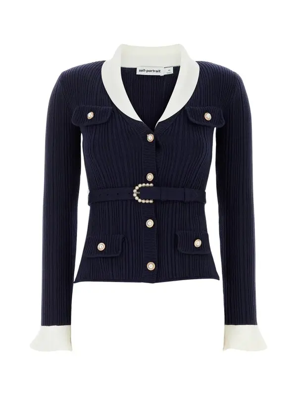 SELF-PORTRAIT Pearl-button Belted Ribbed Knit Cardigan