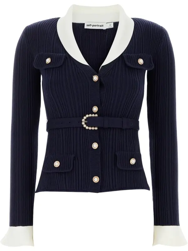 SELF-PORTRAIT Belted Ribbed Knit Cardigan With Pearl Button Detail - Navy