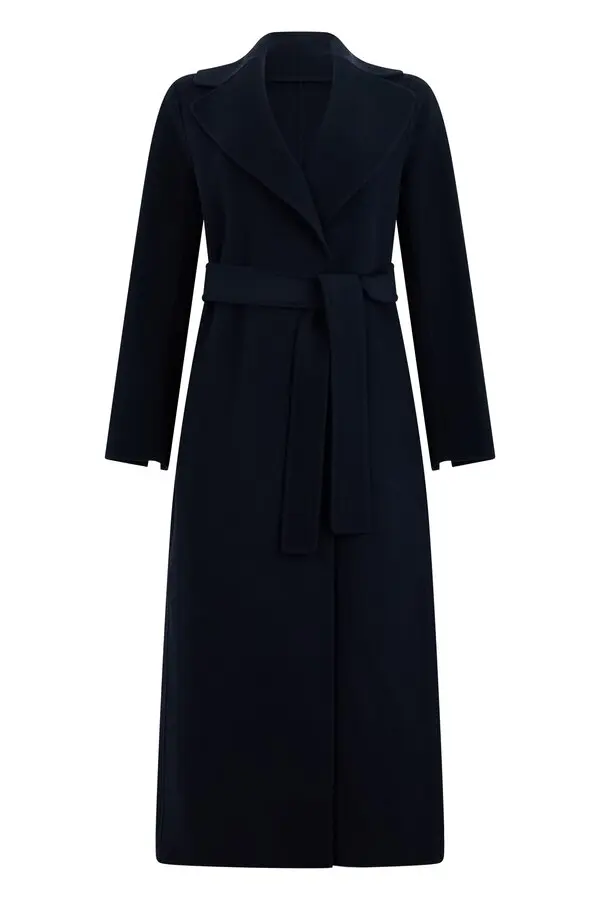 Max Mara Long Wool Jacket With Belted Waist And Wide Collar