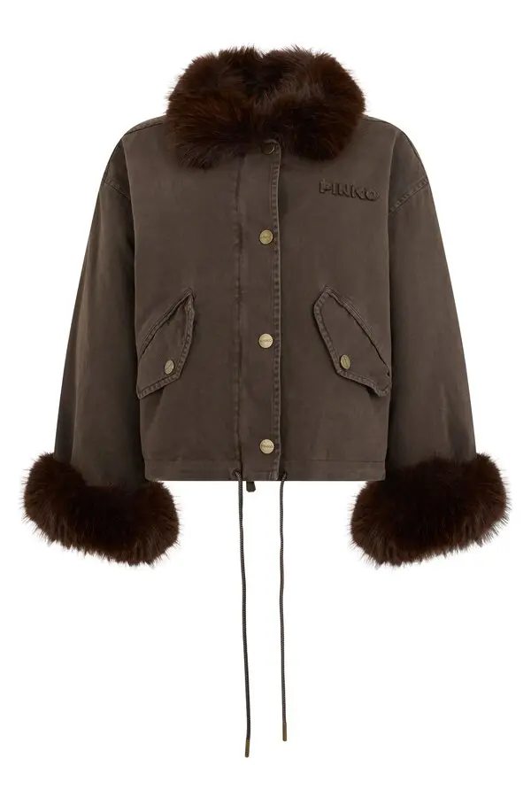 Pinko Pink Synthetic Fur Collar Mini Jacket With Button Closure And Drawstring