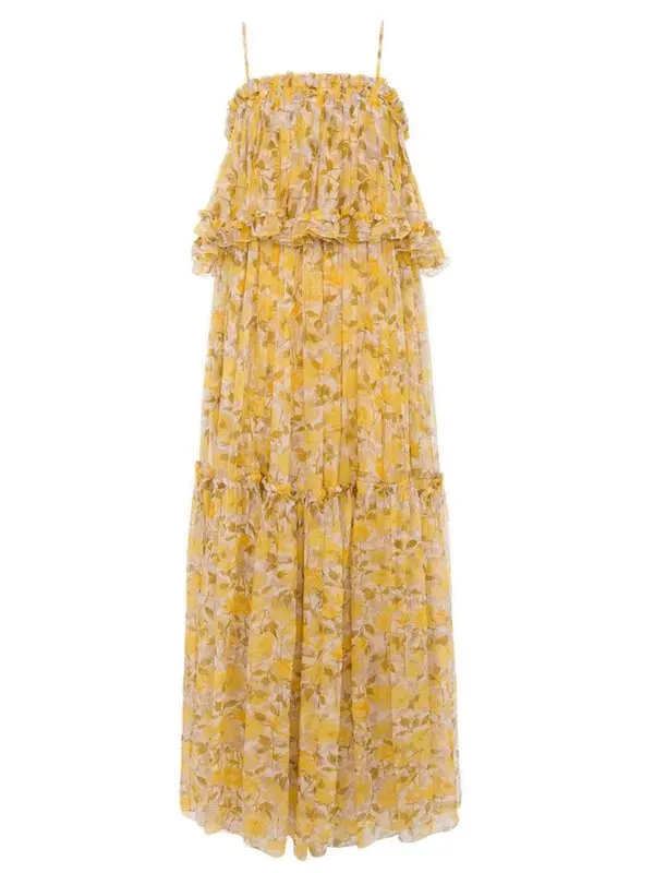 Chloé Spaghetti Strap Ruffled Floral Silk Mini Dress - Giallo