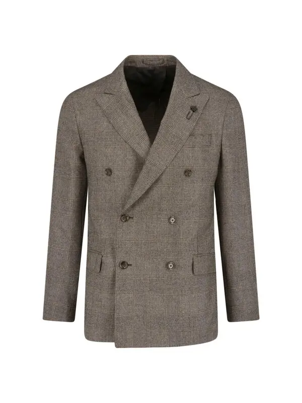 LARDINI Plaid Double-breasted Wool Blazer