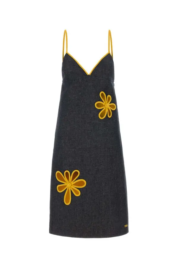 Fendi Textured Denim Dress With Floral Appliqu