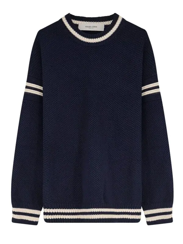 GOLDEN GOOSE Crewneck Sweater With Contrast Stripes - Navy