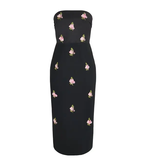 Carolina Herrera Strapless Embroidered Floral Sheath Midi Dress - Black