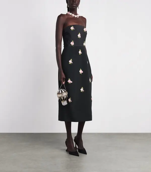 Carolina Herrera Strapless Embroidered Floral Sheath Midi Dress