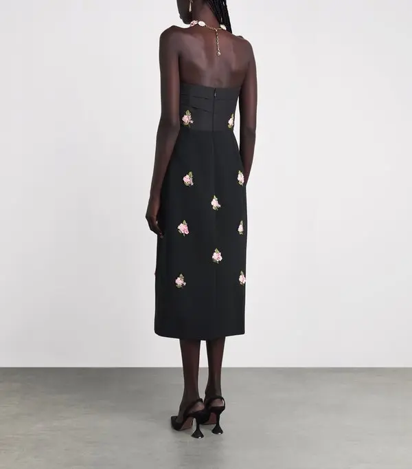 Carolina Herrera Strapless Embroidered Floral Sheath Midi Dress