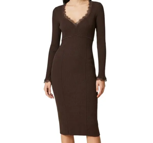 TWINSET Lace-trimmed Ribbed-knit Midi Dress