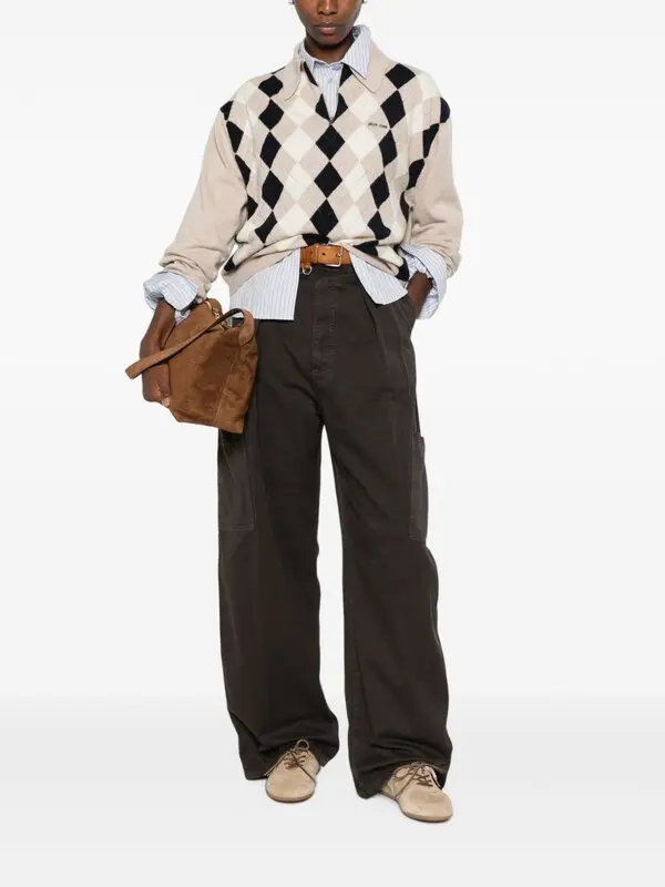 Miu Miu Argyle Intarsia Embroidered Logo Cashmere Polo Shirt - Multicolor
