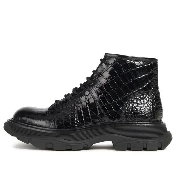 Alexander McQueen Crocodile Effect Lace Up Boots - Black