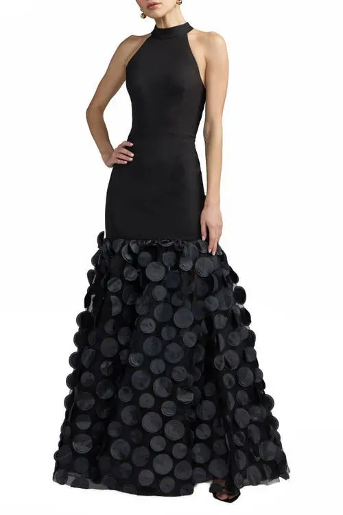 Mac Duggal Halter Neck Rosette Ball Gown - Black