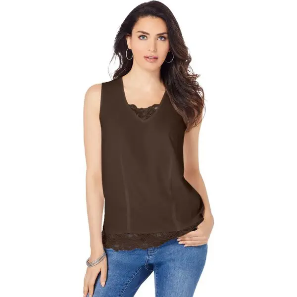 Roaman's Lace Trim Satin Tank - Chocolate