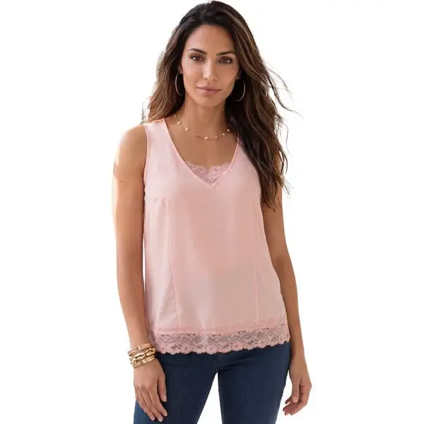 Roaman's Lace Trim Satin Tank - Soft Blush
