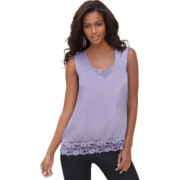 Roaman's Lace Trim Satin Tank - Soft Grape