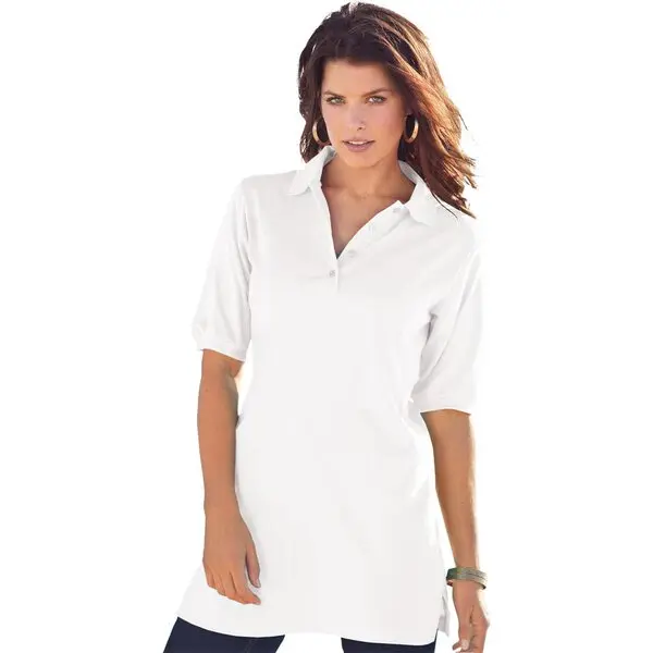 Roaman's Oversized Polo Tunic With Short Sleeves - White