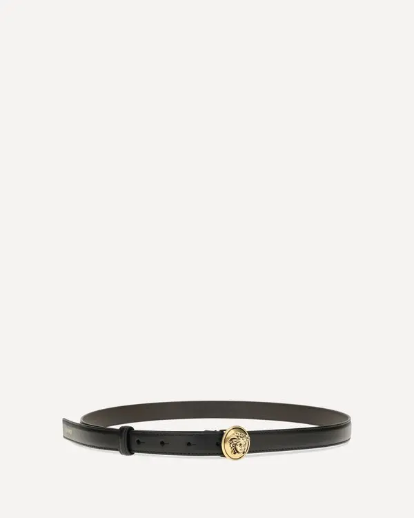 Versace Logo Leather Belt With Medusa Buckle - Black