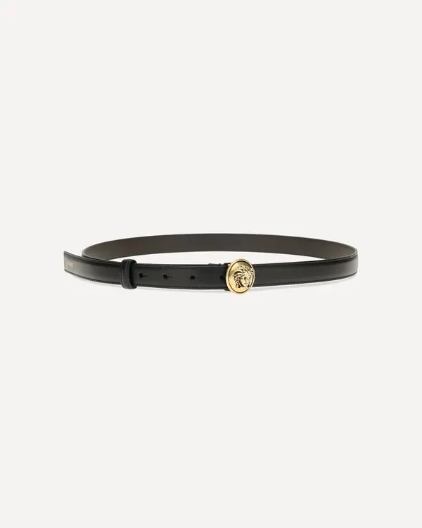 Versace Logo Leather Belt With Medusa Buckle - Black