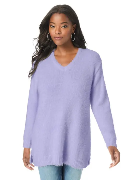Roaman's Eyelash Yarn V-neck Sweater With Dropped Shoulders - Lavender