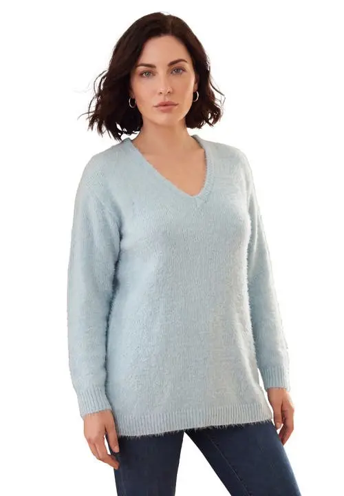 Roaman's Eyelash Yarn V-neck Sweater With Dropped Shoulders - Pale Blue