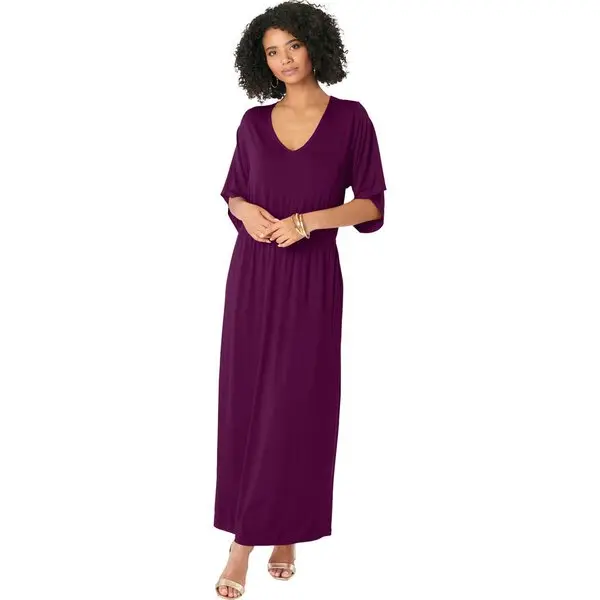 Roaman's Stretch Knit Dolman Sleeve Maxi Dress - Dark Berry