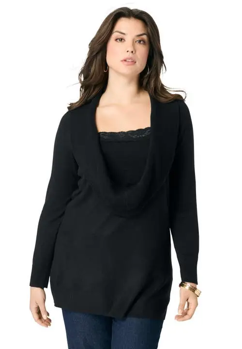 Roaman's Lightweight Cowl Neck Sweater With Lace Trim - Black