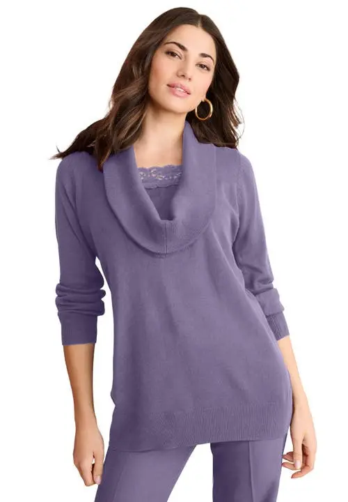 Roaman's Lightweight Cowl Neck Sweater With Lace Trim - Classic Red