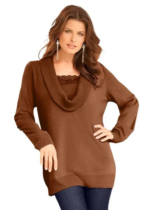 Roaman's Lightweight Cowl Neck Sweater With Lace Trim - Cognac