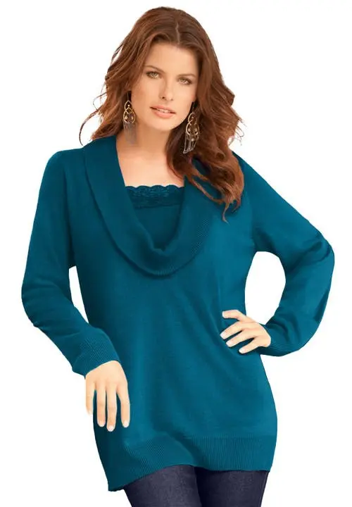 Roaman's Lightweight Cowl Neck Sweater With Lace Trim - Deep Teal