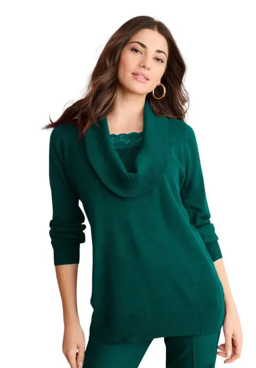 Roaman's Lightweight Cowl Neck Sweater With Lace Trim - Emerald Green