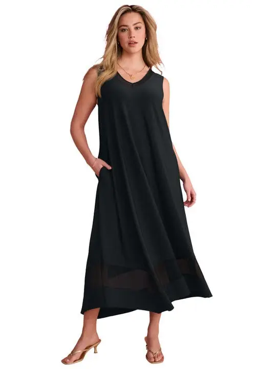 Roaman's Stretch Knit V Neck Sleeveless Maxi Dress - Black