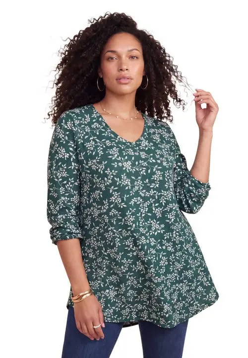 Roaman's Knit Thermal V-neck Swing Tunic With Long Sleeves - Emerald Daisy