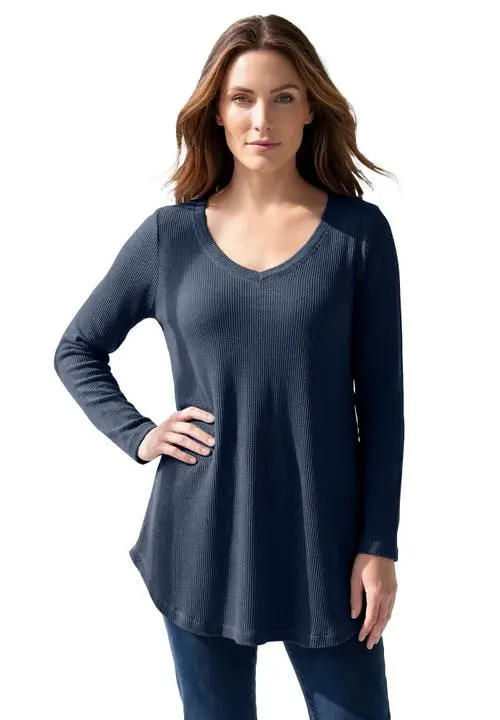 Roaman's Knit Thermal V Neck Swing Tunic Long Sleeve
