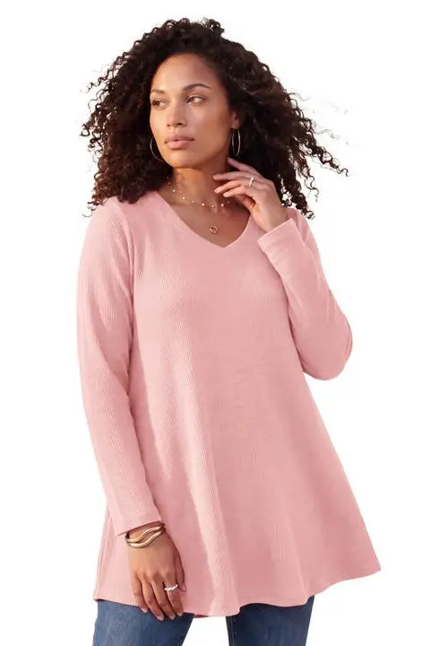 Roaman's Knit Thermal V-neck Swing Tunic With Long Sleeves - Soft Blush