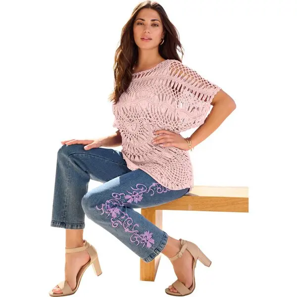 Roaman's Relaxed Pullover Crochet Sweater With Batwing Sleeves - Soft Blush