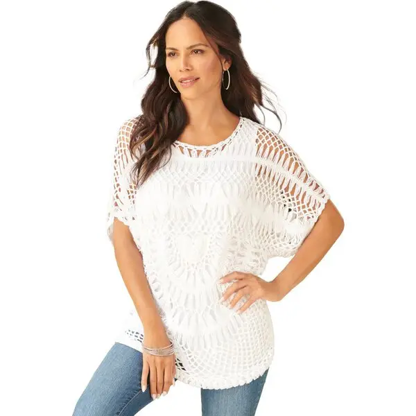 Roaman's Relaxed Pullover Crochet Sweater - White