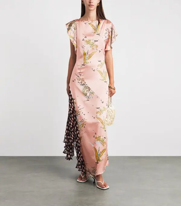 Staud Fawn Silk Blend Midi Dress With Floral Print And Draped Panel