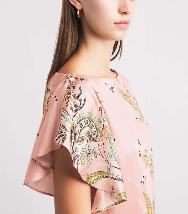 Staud Fawn Silk Blend Midi Dress With Floral Print And Draped Panel
