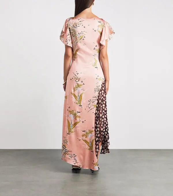 Staud Fawn Silk Blend Midi Dress With Floral Print And Draped Panel