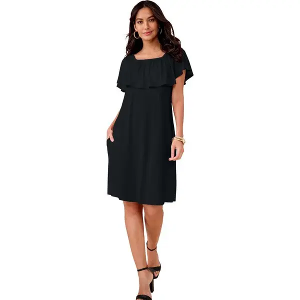 Roaman's Stretch Knit Convertible Flounce Dress - Black