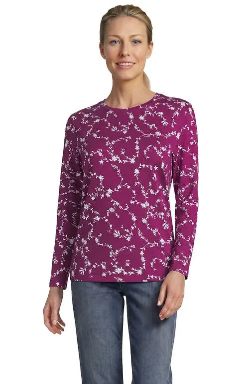 LANDS' END Supima Cotton Long Sleeve Crewneck T-shirt - Light Raspberry Floral Vine