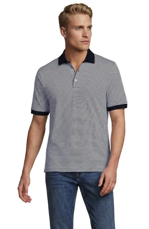LANDS' END Short Sleeve Cotton Supima Polo Shirt - Radiant Navy Micro Stripe
