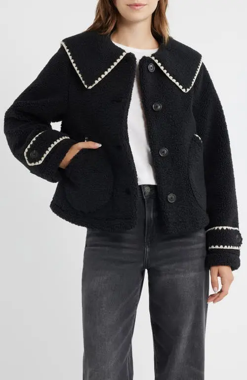 UGG Nikia Fleece Jacket With Oversized Collar And Whipstitched Trim - Black