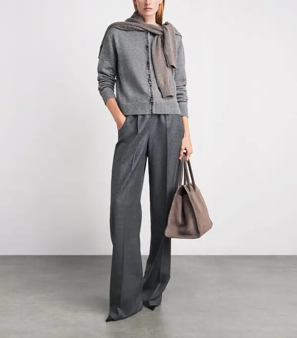 Fabiana Filippi Virgin Wool-silk-cashmere Cardigan With Rhinestone Embellishment - Grey