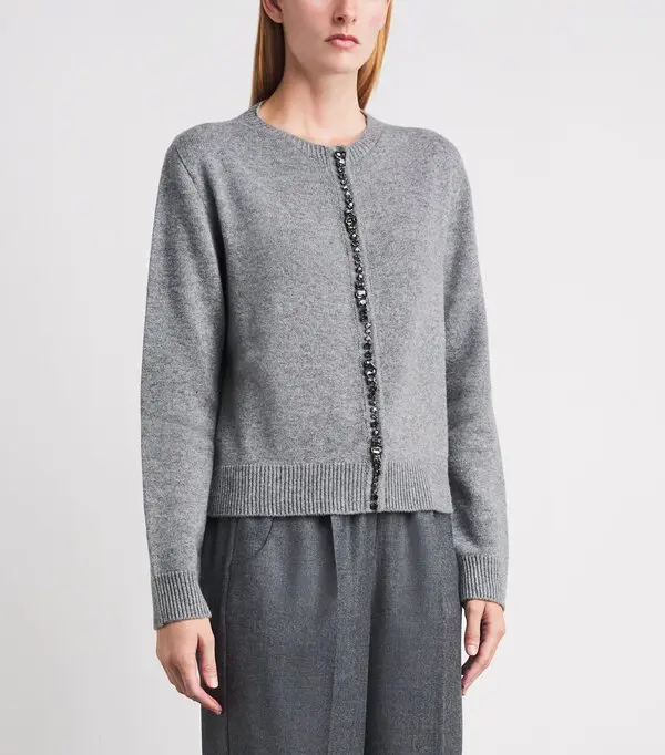 Fabiana Filippi Virgin Wool-silk-cashmere Cardigan With Rhinestone Embellishment - Grey