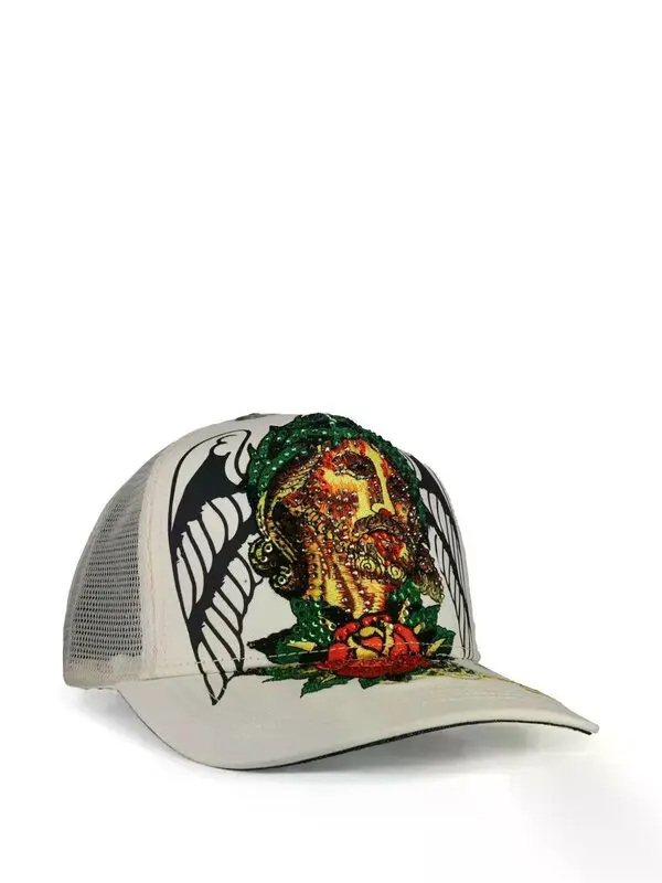 Ed Hardy Rhinestone Embellished Graphic Print Trucker Hat